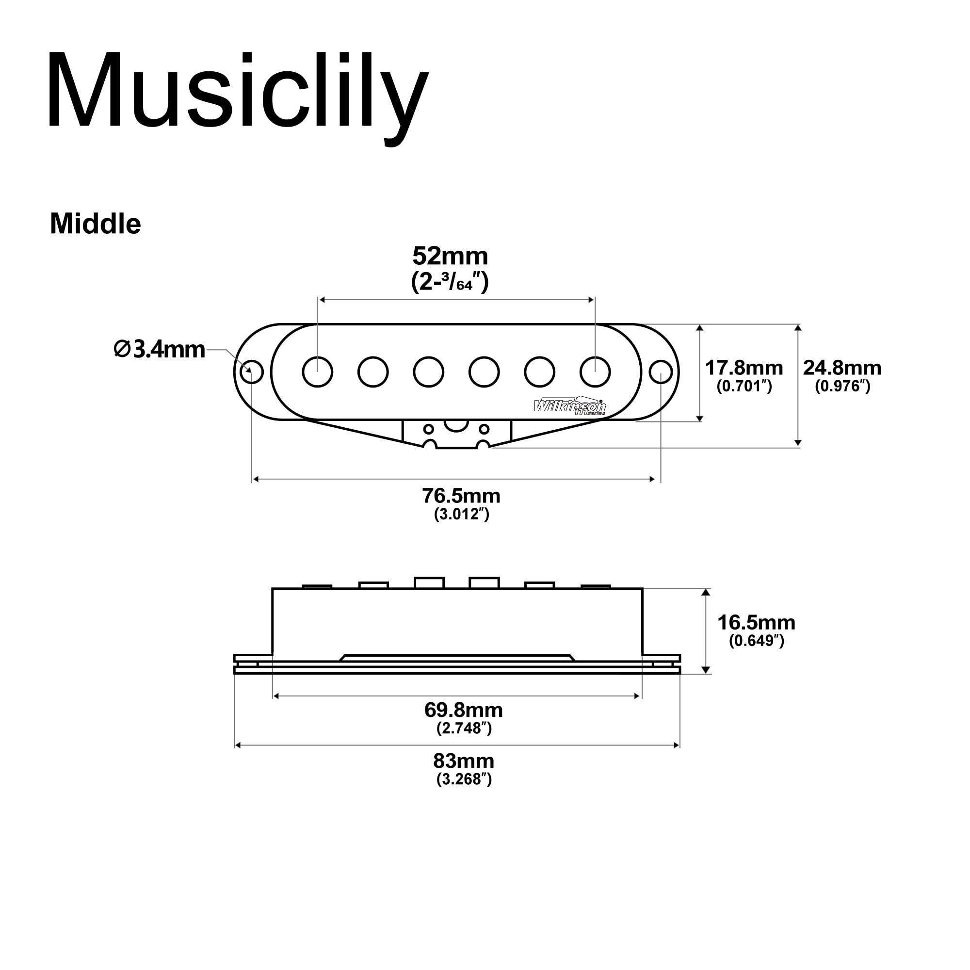 Wilkinson M Series High Output Alnico 5 Strat Single Coil Middle Pickup for Stratocaster Electric Guitar, Black