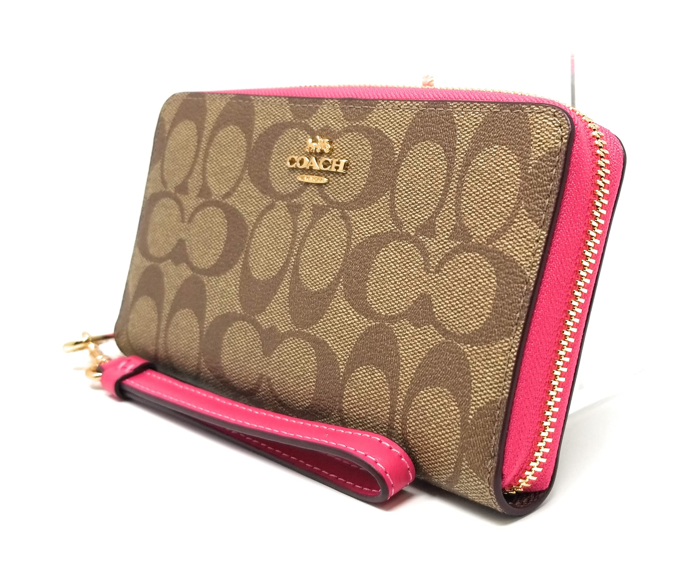 Coach Women's Long Zip Around Wallet In Signature Canvas (Khaki - Bold Pink)