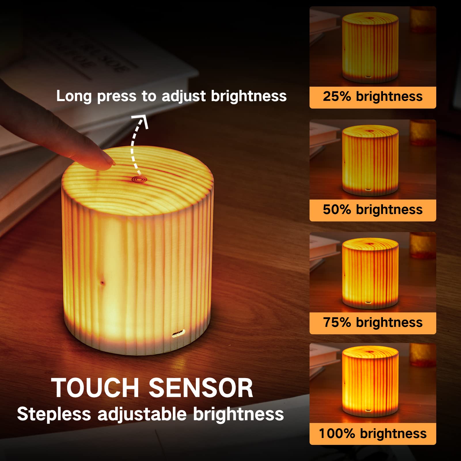 kooplus Wooden Night Light, Small Nursery Lamp for Sleep Helping with Memory Function, Rechargeable Lamp for Kids, Cylindrical
