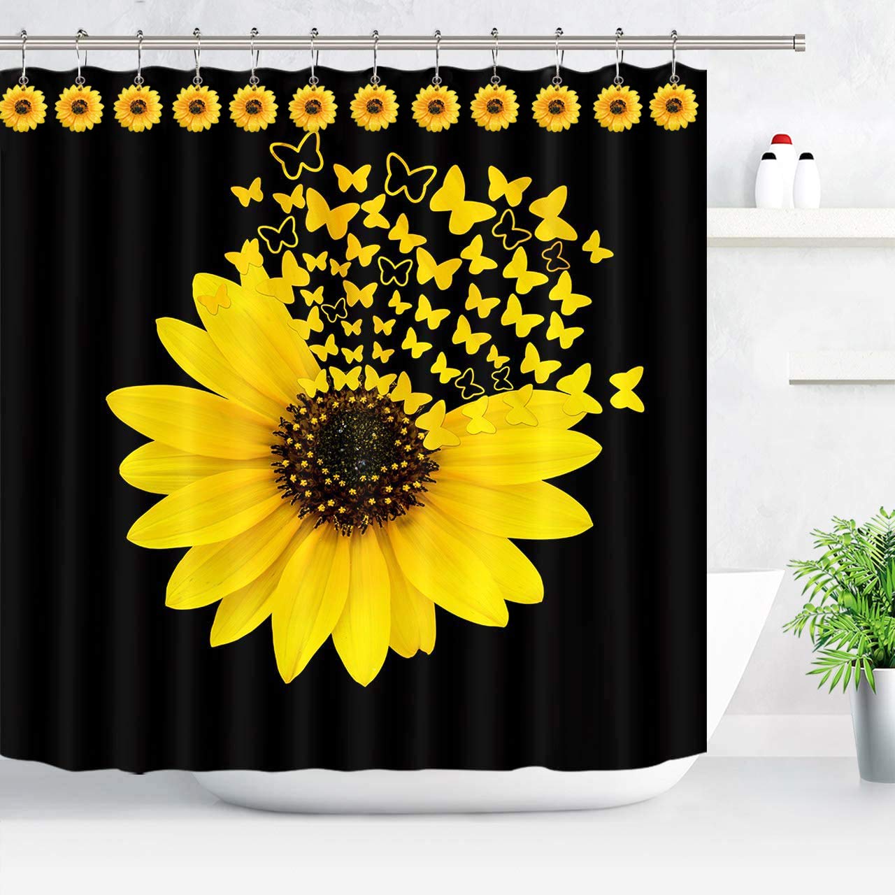 CHICTIE Flowers Shower Curtain Hooks Rings, 12 Pcs Decorative Rustproof Shower Rings for Bathroom Set (Yellow Sunflower)