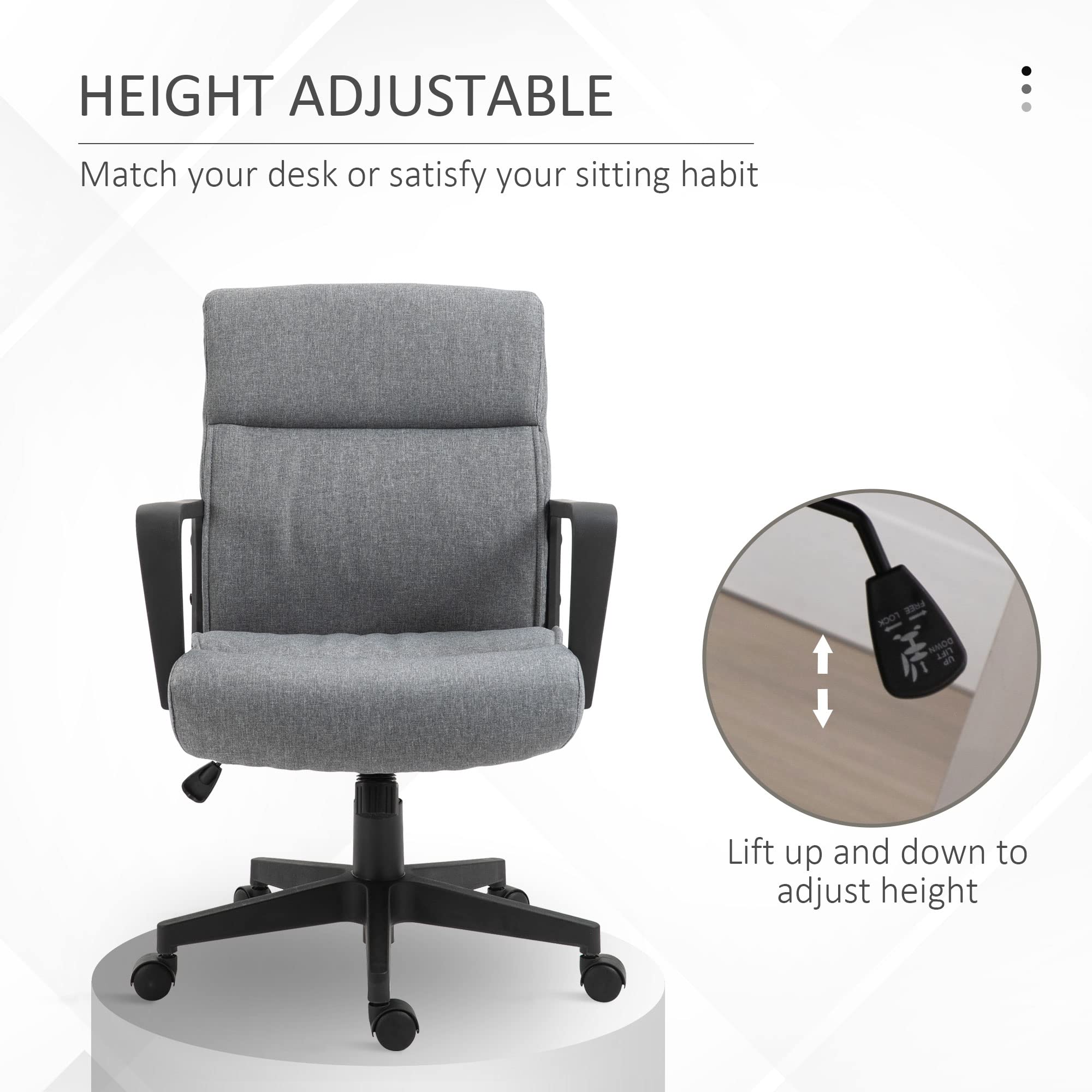 Vinsetto Mid Back Home Office Chair Height Adjustable Linen Fabric Desk Task Chair with Ergonomic Line Wide Seat, Thick Padding, and Armrest