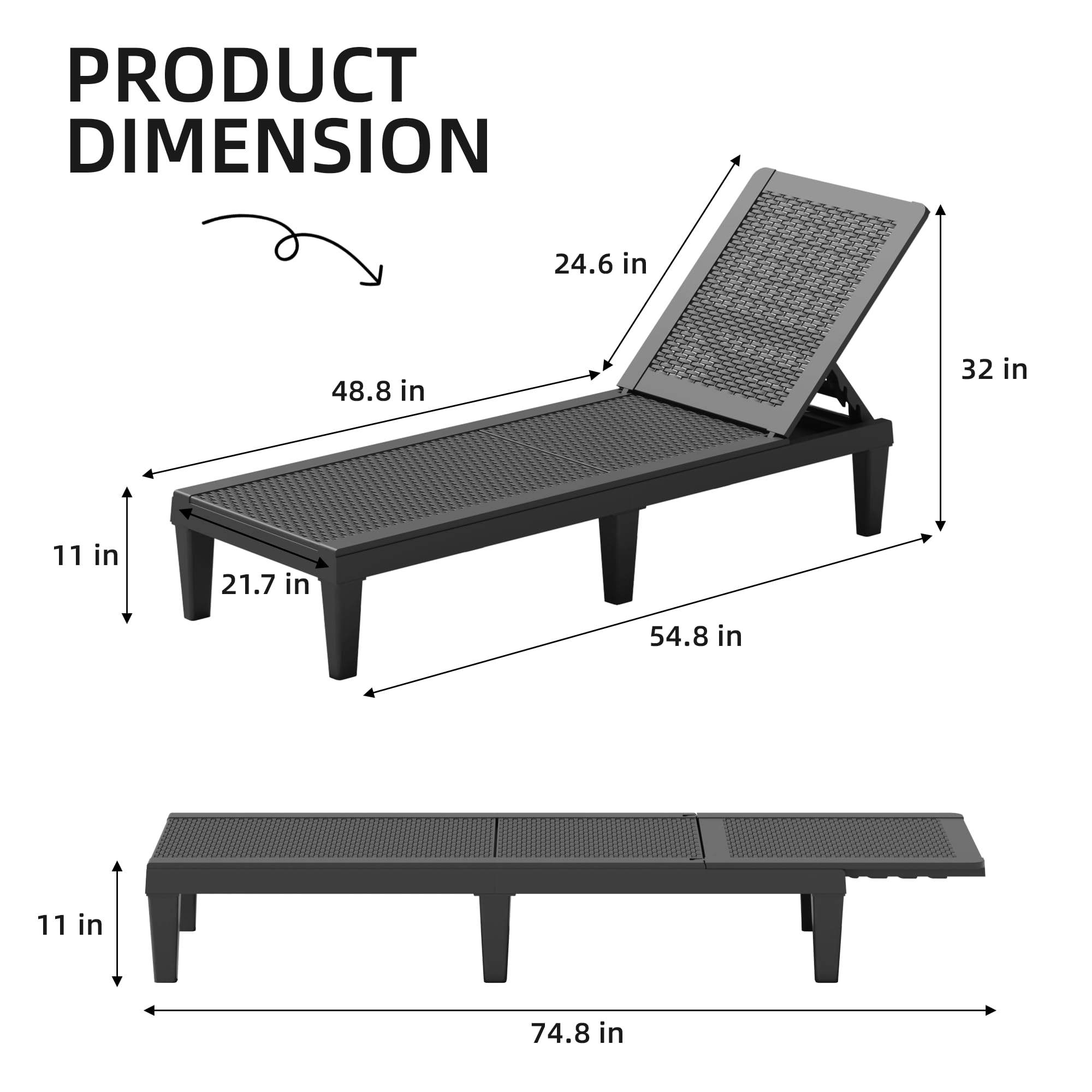 Greesum Outdoor Chaise Lounge Chairs Set of 2 with Adjustable Backrest, Waterproof PE Easy Assembly, Lightweight for Patio, Poolside, Beach, Yard, Dark Black