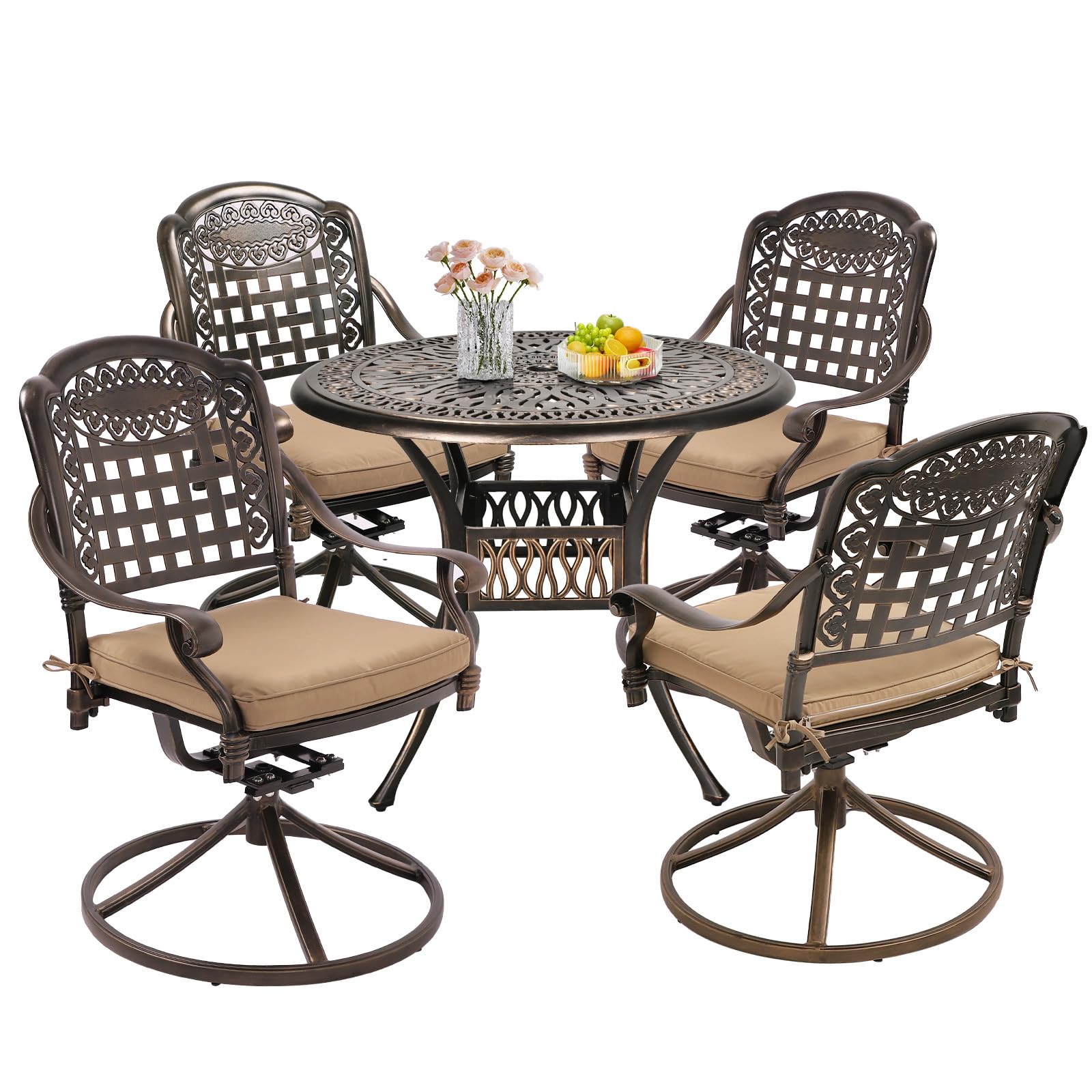 Grepatio 5 Piece Outdoor Dining Set Cast Aluminum Patio Dining Set Table and Chairs Outside Furniture 4 Mesh Swivel Chairs with Khaki Cushion and 1 Umbrella Round Dining Table for Lawn Garden Patio