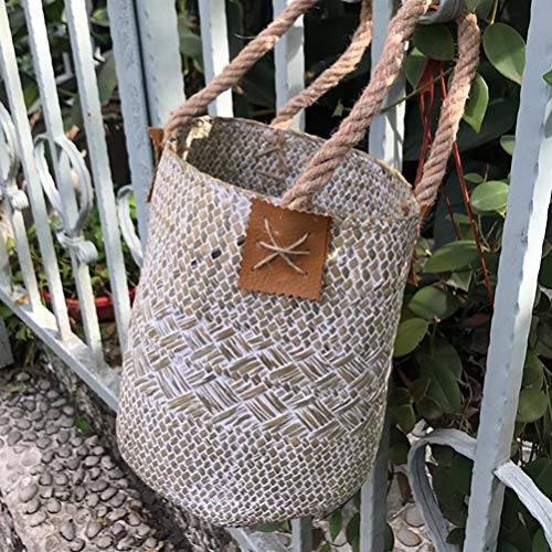 HANABASS Hanging Planters Hanging Flower Pot Multifunction Handmade Seagrass Braided Basket Flower Pot Desktop Storage Box Woven Laundry Basket(White Big) Hanging Indoor Planters Indoor Planter