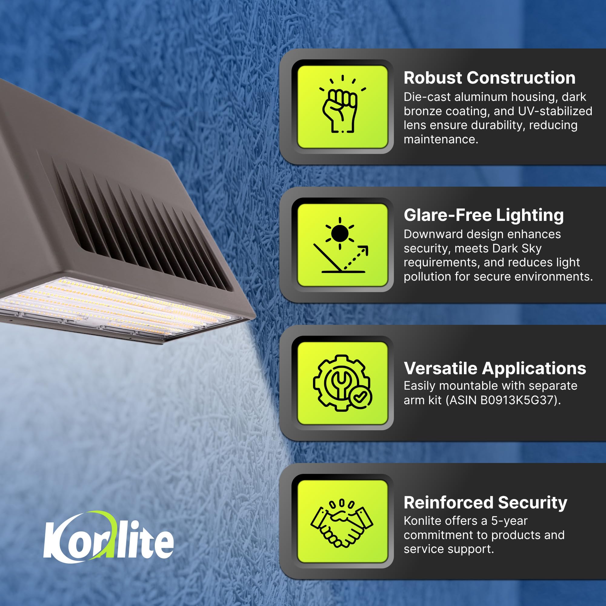 Konlite - 125W/105W/76W Full-Cutoff LED Wall Pack, Wall LED Lights, Wattage & CCT (50K/40K/30K) Selectable, LED Wall Light, Energy Efficient, Durable, Outdoor Commercial Wall Pack Light, 20,812LM