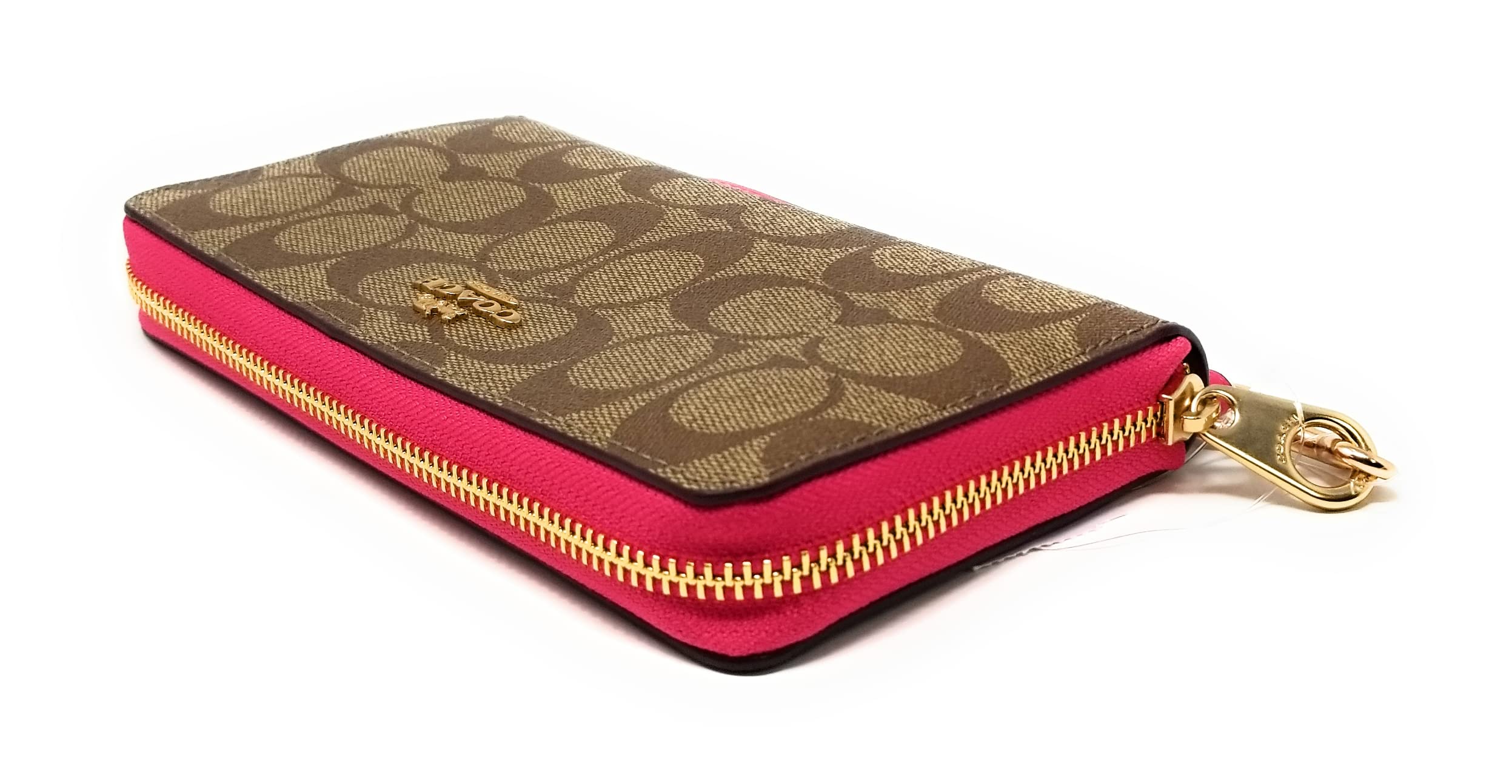 Coach Women's Long Zip Around Wallet In Signature Canvas (Khaki - Bold Pink)