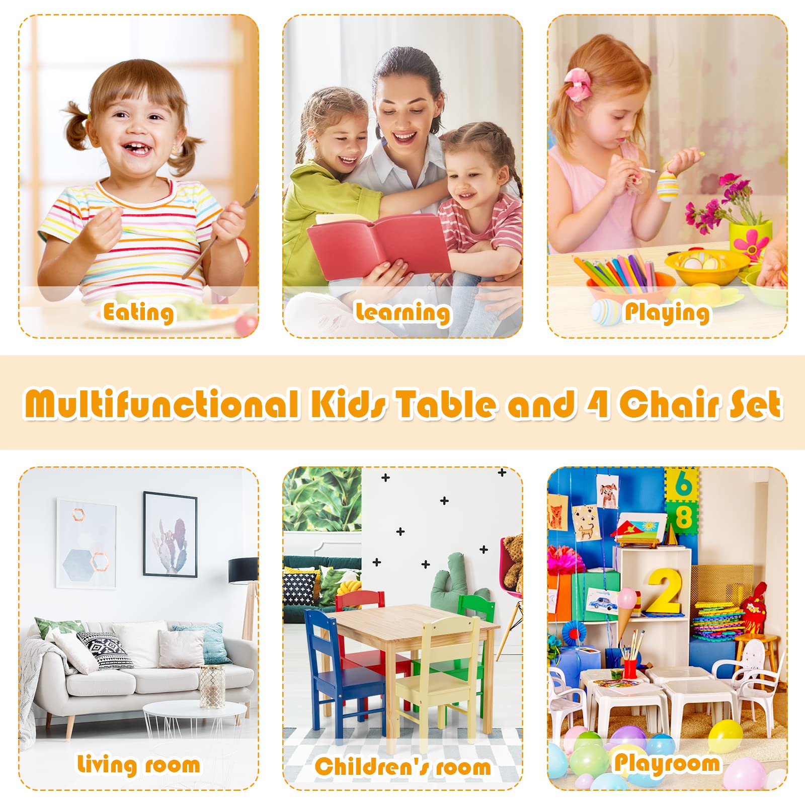 KOTEK Kids Wood Table and 4 Chair Set, Children Multi Activity Table for Learning, Playing, Drawing, Toddler Picnic Table and Chairs Set for Home, Classroom and Daycare (Assorted)