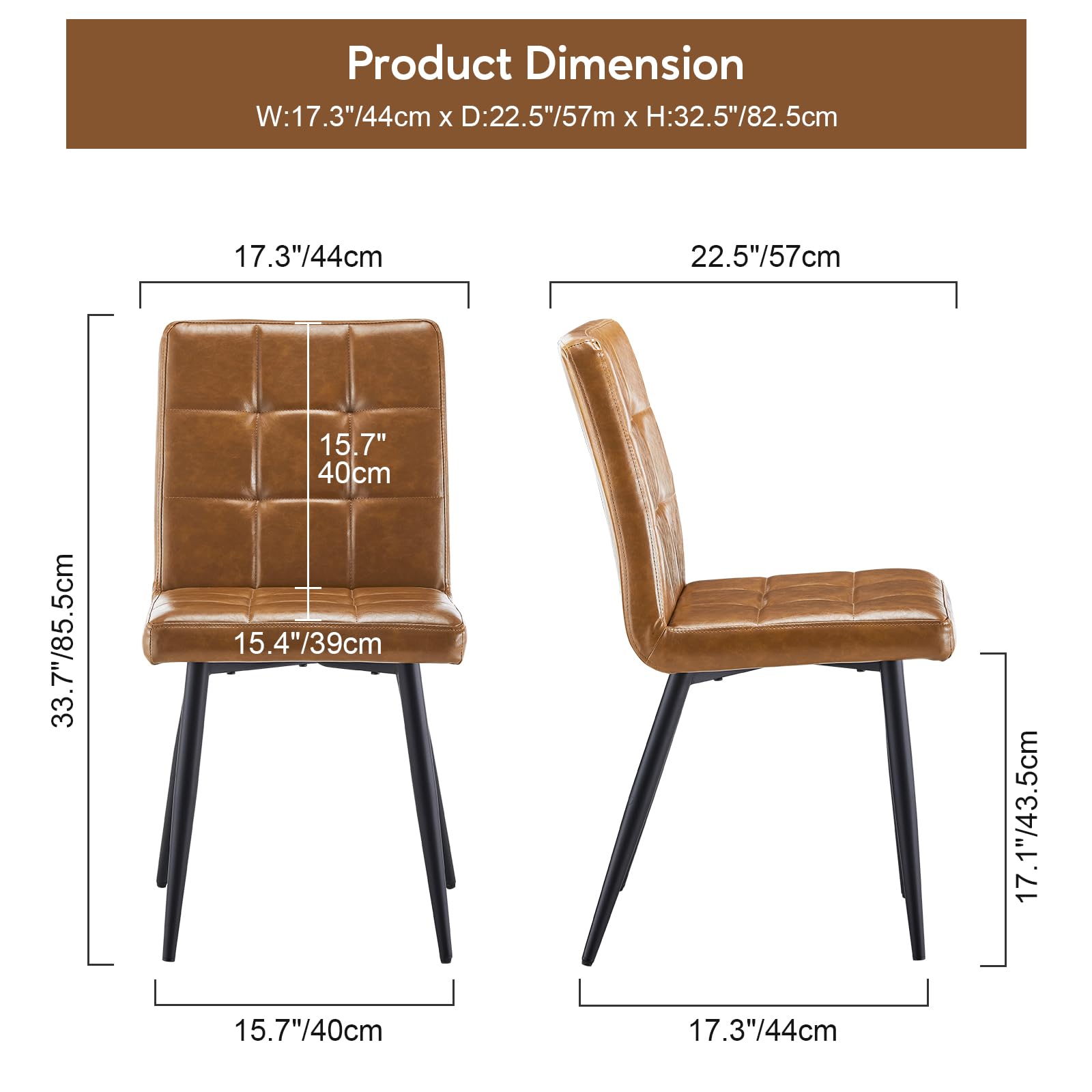 CLIPOP Kitchen Faux Leather Dining Chairs set of 4, Mid-Century Modern Dining Chair with with Square Grid Backrest Heavy Duty Metal Legs, Armless Kitchen Accent Chair for Living Room, Light Brown