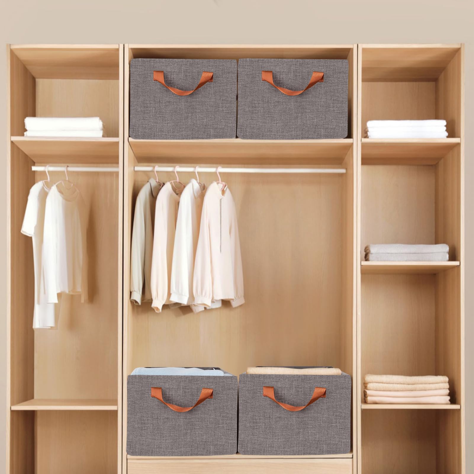 Collapsible Extra Large Storage Baskets for Shelves with Metal Frame, 3 Pack Closet Organizers and Storage Bins for Organization with Handles, Collapsible Rectangle Fabric Organizing Boxes, Gray