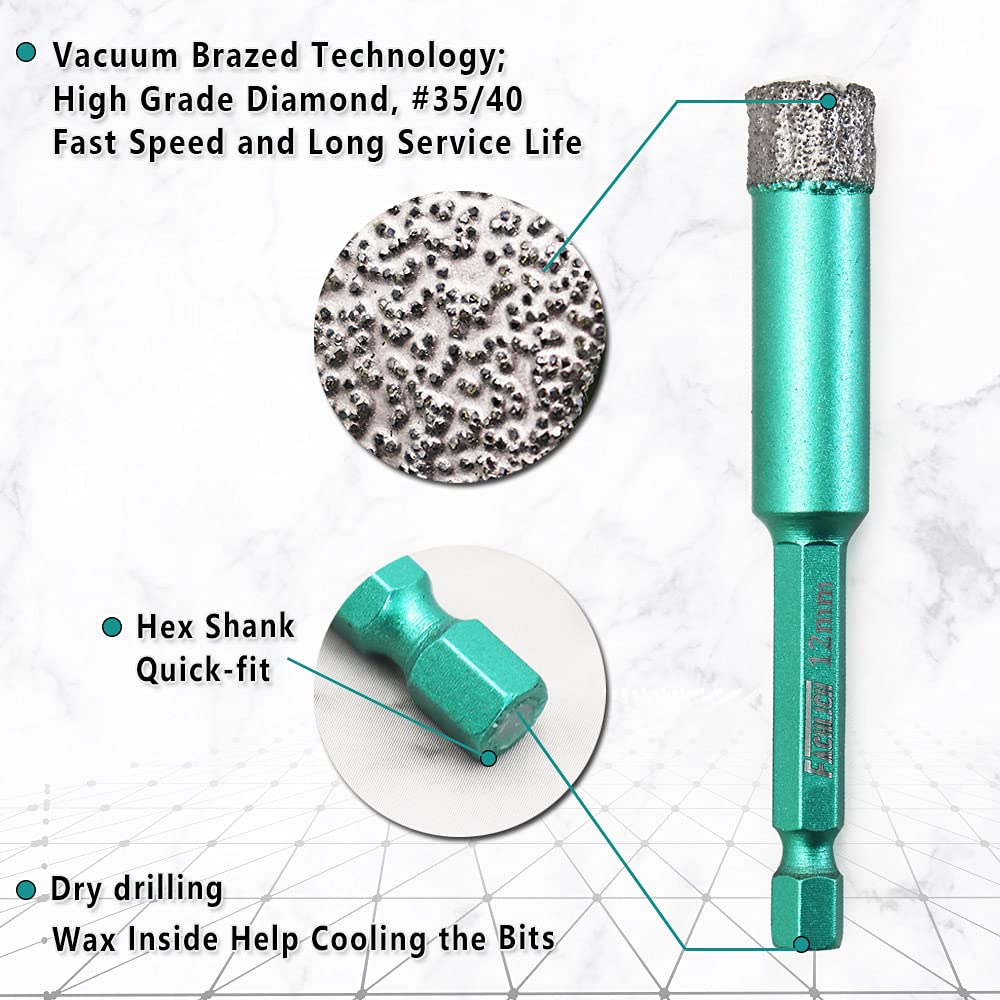 FACHLICH Dry Diamond Drill Bits,5pcs 1/2"(12mm) with Quick Change Hex Shank,for Granite Marble Tile Porcelain Ceramic Hard Materials