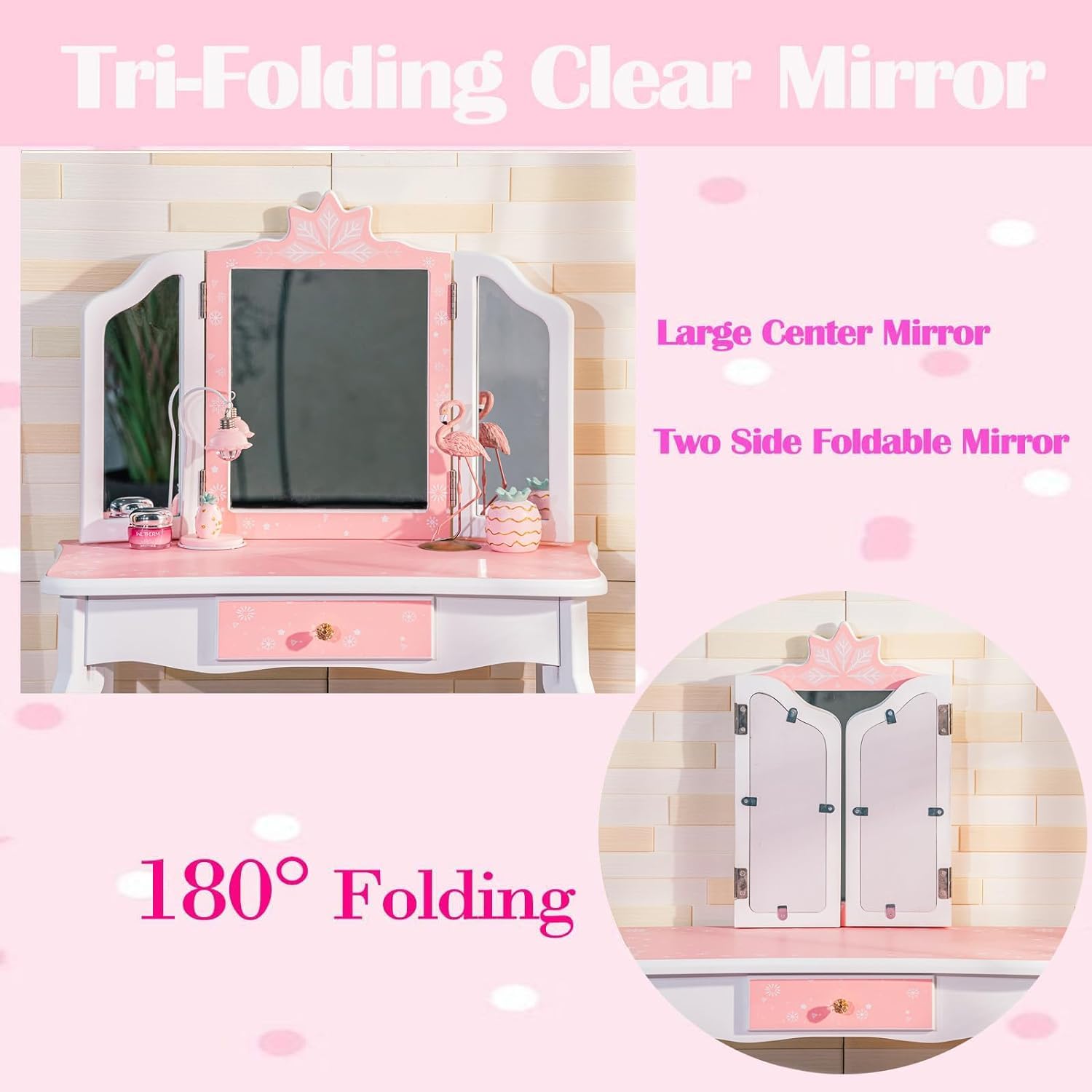GAOMON Kids Vanity, Girls Vanity Table with Tri-Folding Mirror,Stool & Drawer, 2 in 1 Wooden Princess Makeup Desk Dressing Table, Toddler Vanity,Pretend Play Vanity Set for Kids