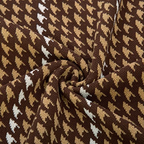 PJ PAUL JONES Retro Knitted Polo Shirt for Men 1950s Houndstooths Shirt Short Sleeve Button Down Knit Polos Knit Light Coffee S