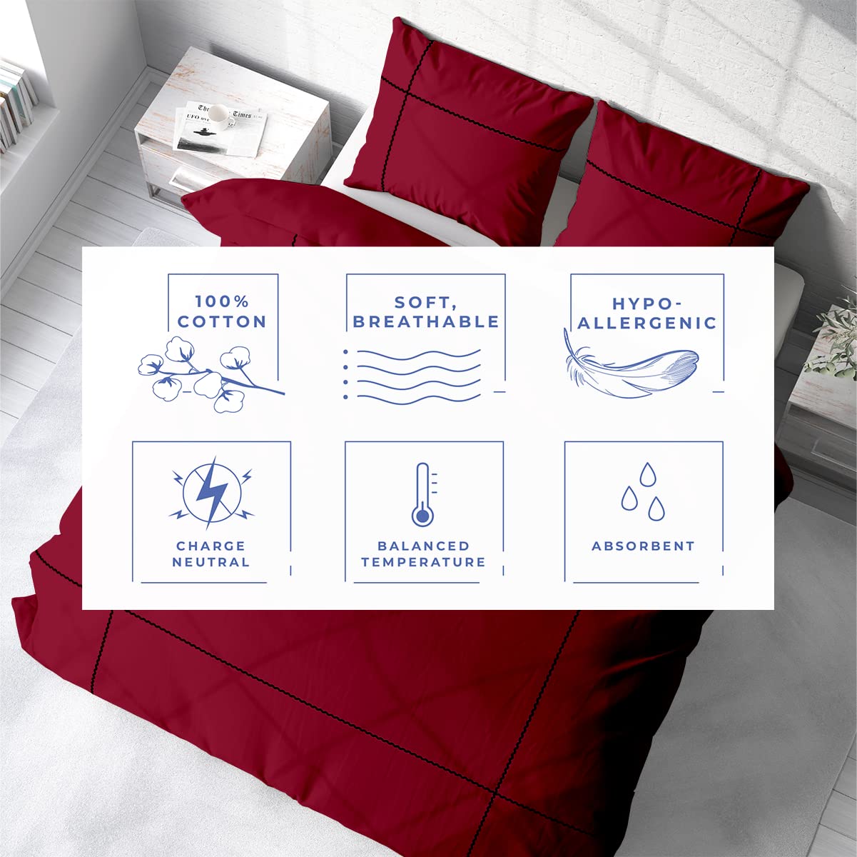 Kotton Culture 3 Piece Luxe Geo Geometric Duvet Cover Set with Zipper Closure & Corner Ties 100% Egyptian Cotton Plush Modern 600 Thread Count (Burgundy, Oversized King)