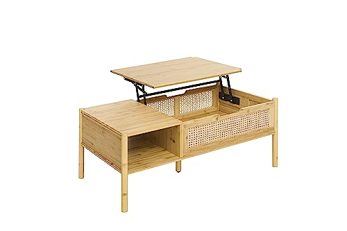 Modern Natural Bamboo and Rattan Table, Lift Coffee Table. Adjustable Storage Rack Living Room