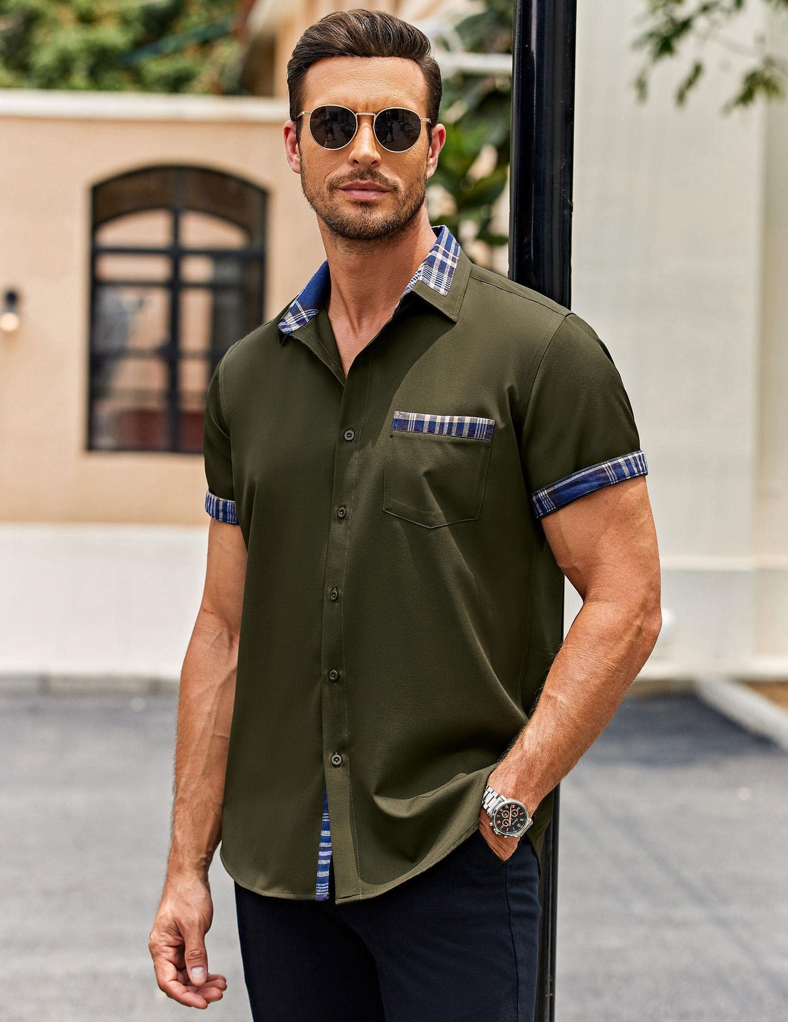 COOFANDY Men's Short Sleeve Dress Shirt Slim Fit Button Down Summer Shirt Army Green