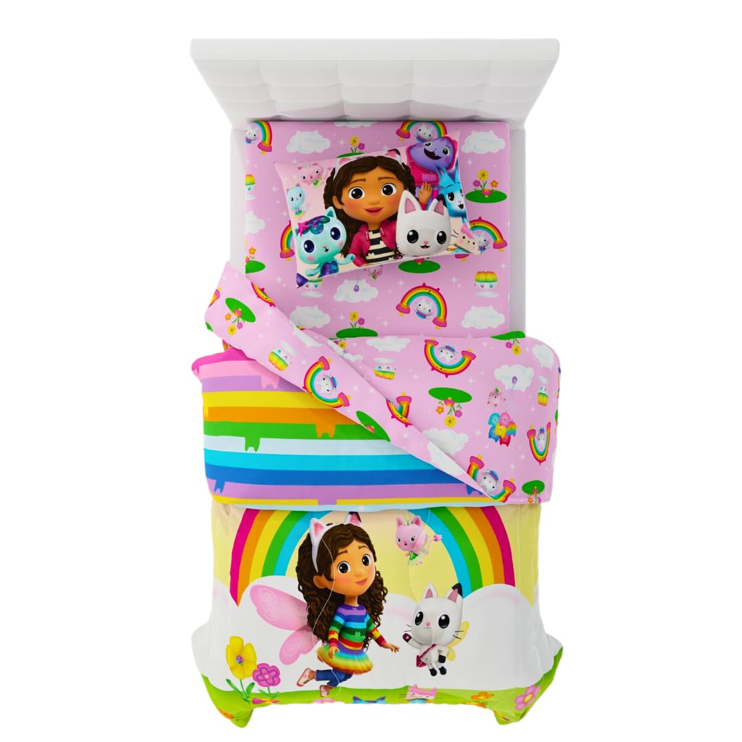 Franco DreamWorks Gabby's Dollhouse Cakey, Mercat and Pandy Kids Bedding Super Soft Comforter and Sheet Set, 4 Piece Twin Size, (Official Licensed Product)