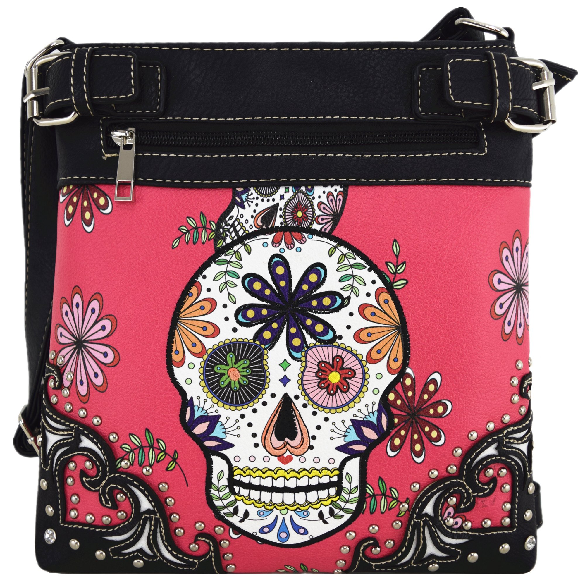 Sugar Skull Day of the Dead Cross Body Handbags Concealed Carry Purses Country Women Single Shoulder Bags (Fuchsia)