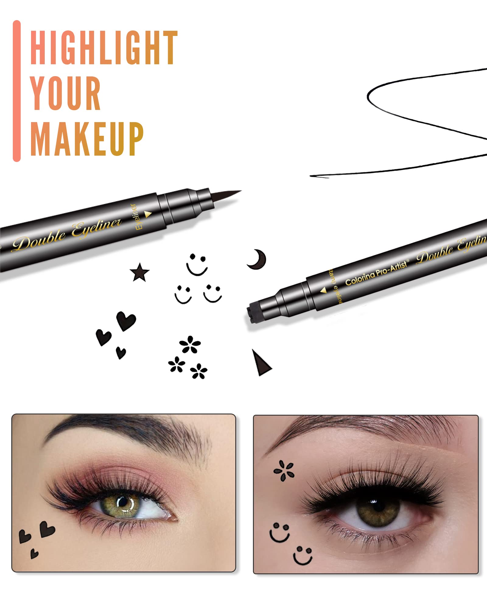 Enfuntins 6 Pcs Eyeliner Stamp, Black Double-Ended Liquid Eye Liner Pen Waterproof Long-Lasting SmudgeProof Tattoo Eye Makeup Set Winged, Smiley, Star, Moon, Heart, Flower
