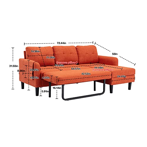 Modern Pull Out Sleeper Sofa Bed with Chaise, Comfy L Shaped Convertible Sleeper Couch with Storage and Pocket, Sectional 3 Seat Couch for Living Room Furniture or Home Office, Tufted Back - Orange
