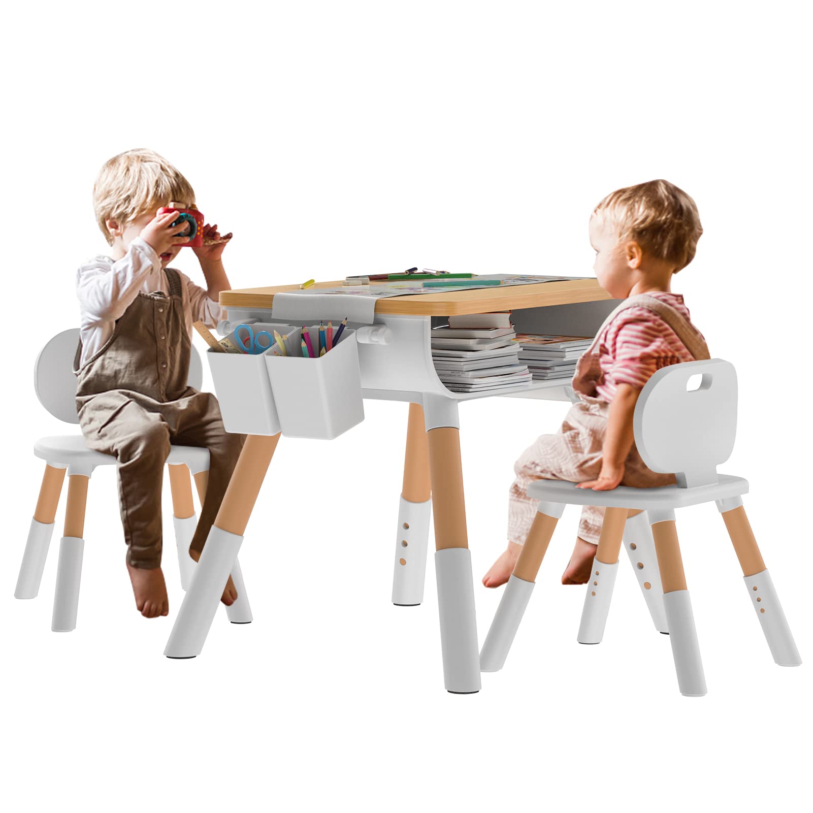 Kids Table and Chair Set, Kids Table and 2Chair Set, Kids Study Table and Chairs Set, Adjustable Height, Built-in Storage, Modern Design for Kids Arts & Crafts, Homework & Play