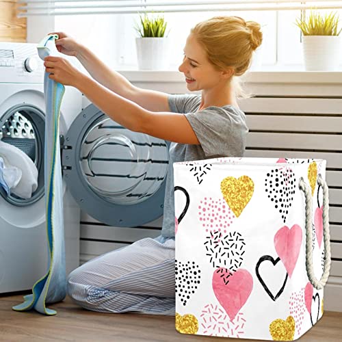 Inhomer Glittering Gold Pink Hearts Pattern Large Laundry Hamper Waterproof Collapsible Clothes Hamper Basket for Clothing Toy Organizer, Home Decor for Bedroom Bathroom