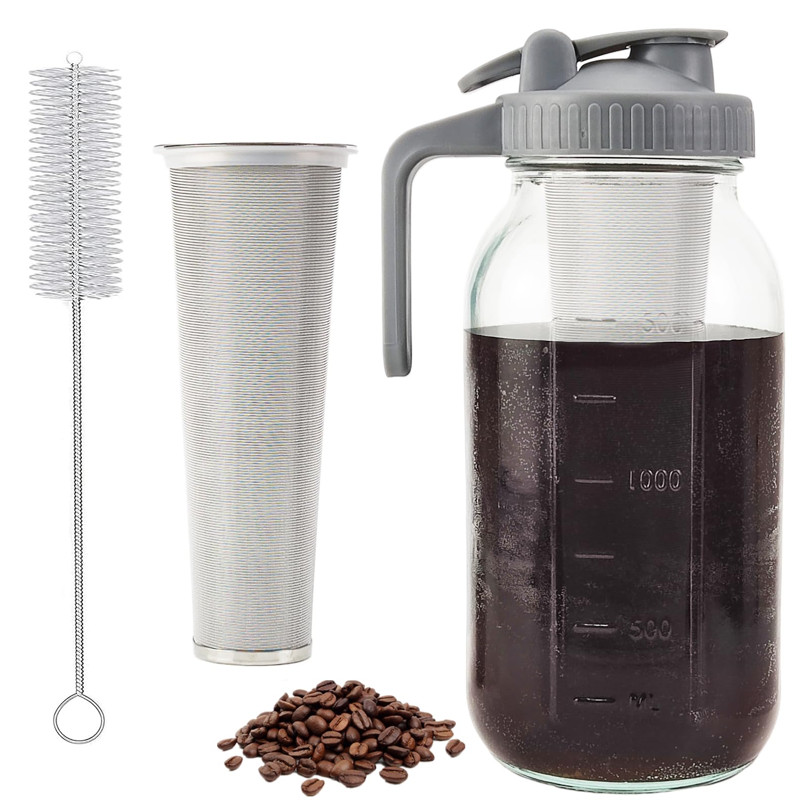 Cold Brew Coffee Maker Pitcher, 64 Oz Thick Glass Cold Brew Coffee Maker Mason Pitcher Spout Lid with Stainless Steel Filter for Iced Brew Coffee,Ice Tea,Lemonade,Sun Tea,Fruit Drinks