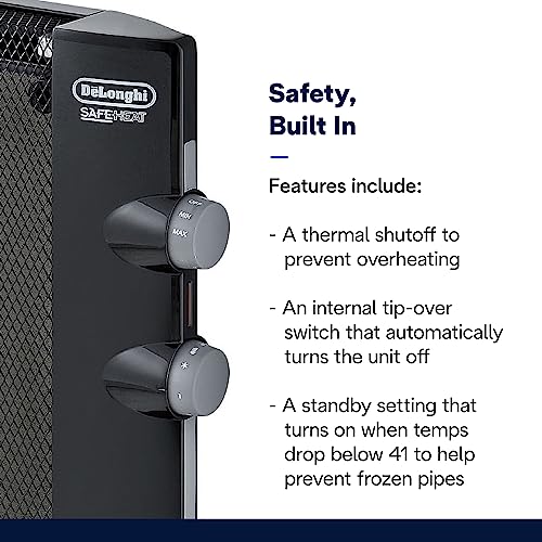DeLonghi Mica Panel Space Heater, 1500W quiet electric space heater for indoor use, adjustable thermostat, freestanding/ easy wall mount, full room heating with built-in safety features, HMP1500 Black