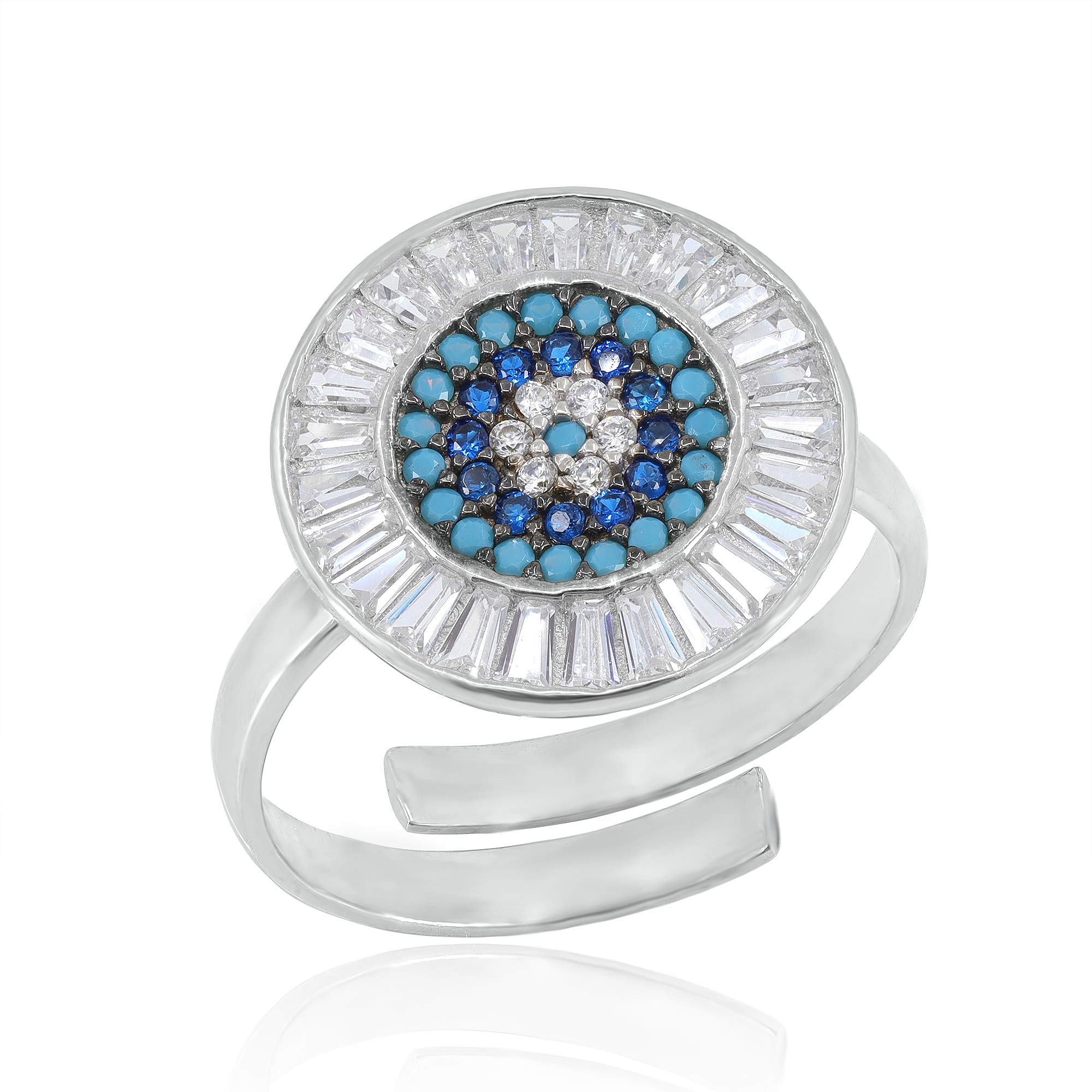 chimoda 925 Sterling Silver Statement Ring for Women, Cubic Zirconia and Turquoise Stone, Round Shape, Adjustable Size 6-9 (Adjustable)