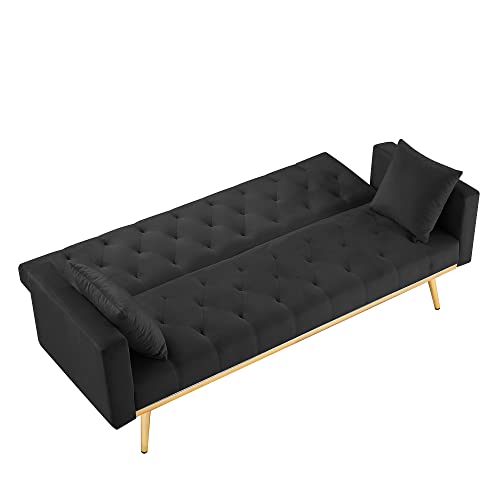 Modern Velvet Convertible Sleeper Sofa Bed with 2 Pillows, Futon Sofa Couch Loveseat with Multiple Adjustable Positions and Gold Metal Legs for Living Room Bedroom Office Apartment (Black)