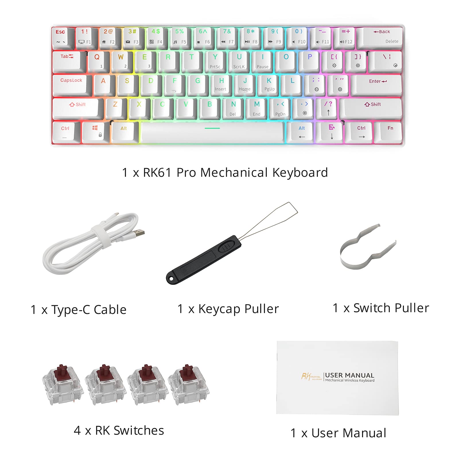 RK ROYAL KLUDGE 60% Mechanical Keyboard RK61 Pro, Wireless Gaming Keyboard Aluminum Frame, BT/Wired RGB Keyboard Bluetooth, PBT 61 Keys Mechanical Keyboard Hot Swappable, Brown Switch, White
