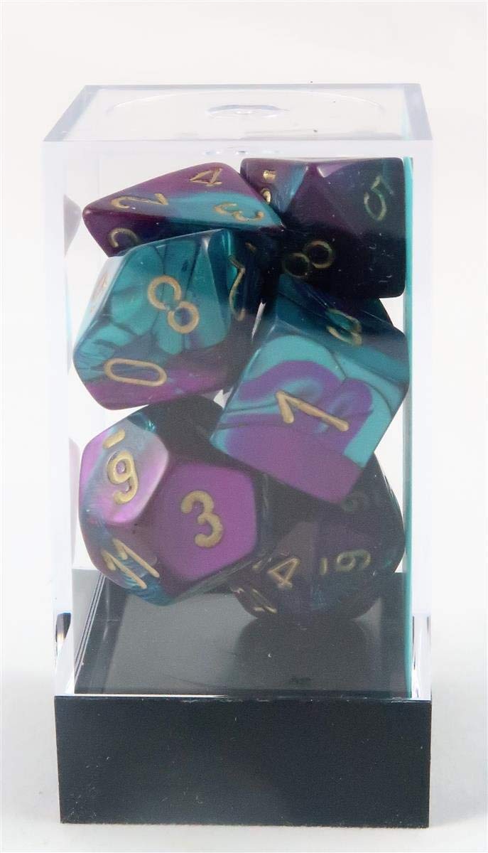 Polyhedral 7-Die Gemini Dice Set: Purple & Teal with Gold (d4, d6, d8, d10, d12, d20 & d00)