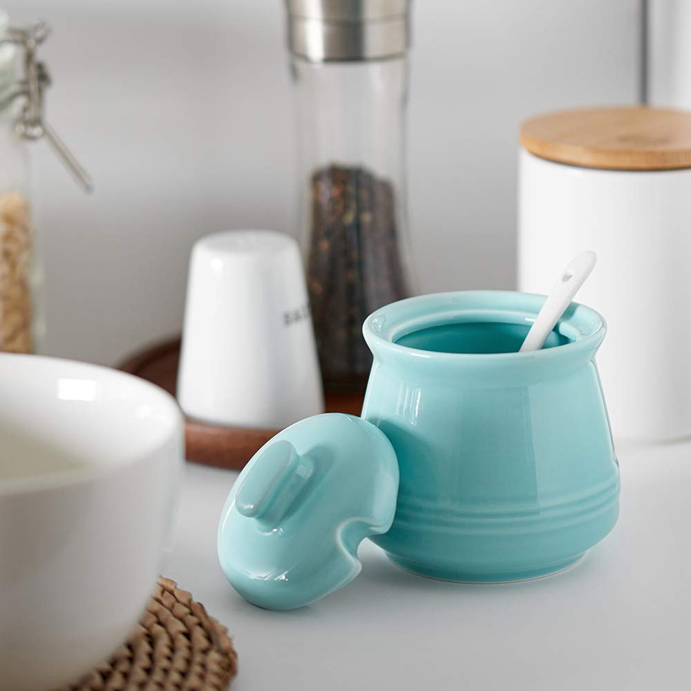DOWAN Sugar Bowl with Lid and Spoon,12OZ Ceramic Sugar Holder for Coffee Bar, Countertop, Sugar and Creamer Bowl, Kitchen Accessories and Decor, Teal