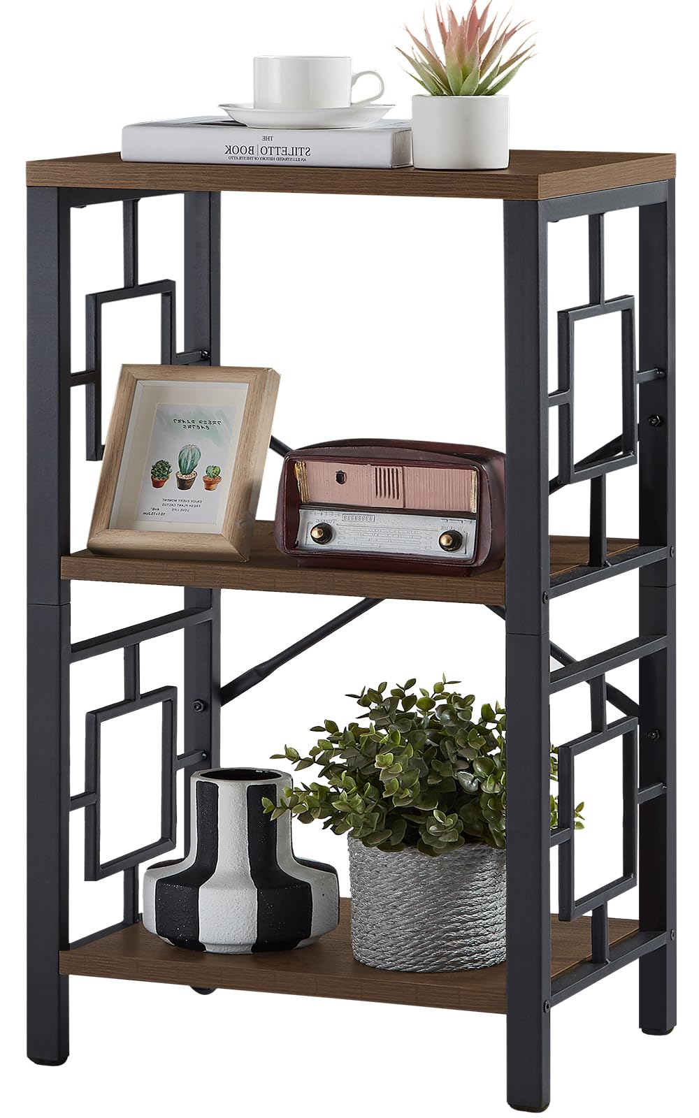 Freexployer Small Bookshelf, 3 Tier Vintage Industrial Small Bookshelf for Small Spaces, Freestanding Open Shelf Bookcase, Versatile Bookcase for Home Office, Bedroom & Living Room, Retro Brown