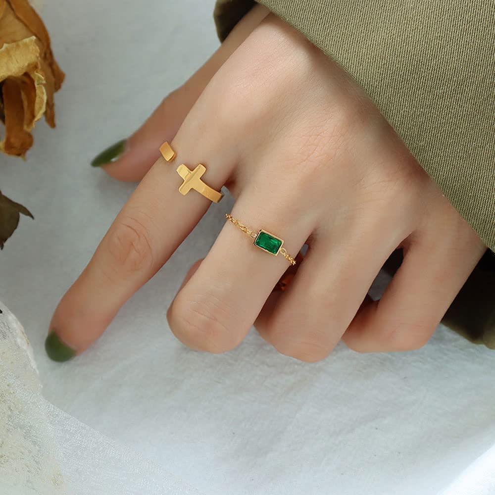 Chain Ring for Fingers 18k Gold Plated Titanium Steel Dainty Simple Delicate Thin Stack Adjustable Ring with Zircon, 2 Pack (Black & Green, Adjustable)