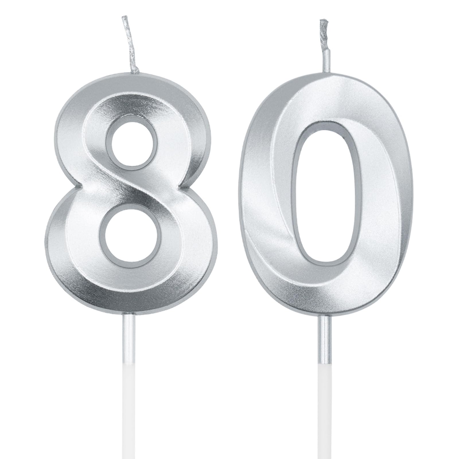 Silver 80th Birthday Candles for Cakes, Number 80 Candle Cake Cupcake Topper for Birthday Anniversary Party Decoration