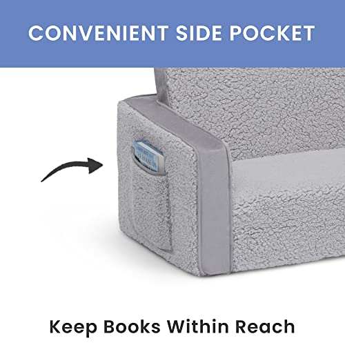 Delta Children Cozee Flip-Out Sherpa 2-in-1 Convertible Sofa to Lounger for Kids, Grey Sherpa/Suede
