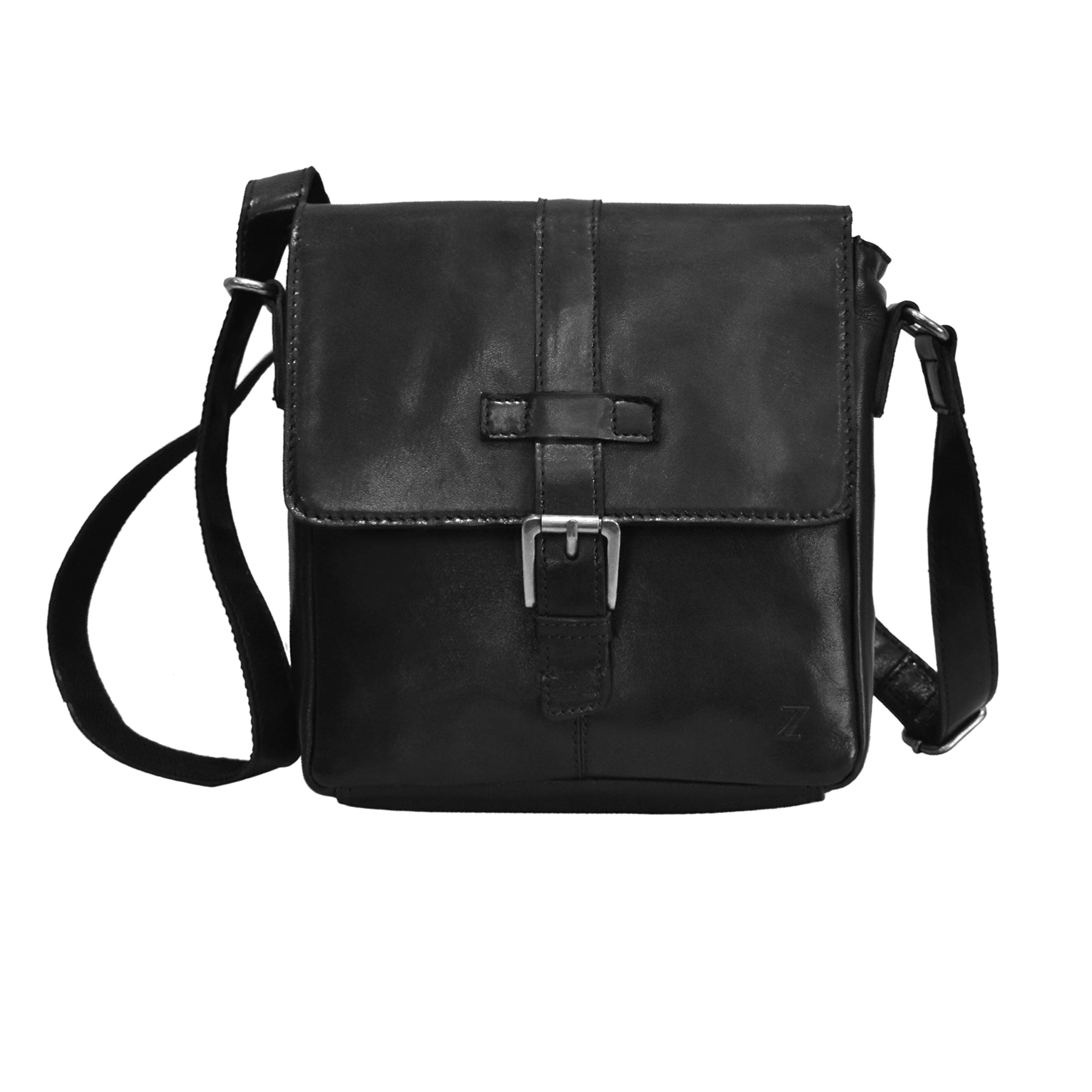 Zinda Genuine Leathers Women's Handbag Flap Over Crossbody Shoulder Sling Multiple Pockets (Black)