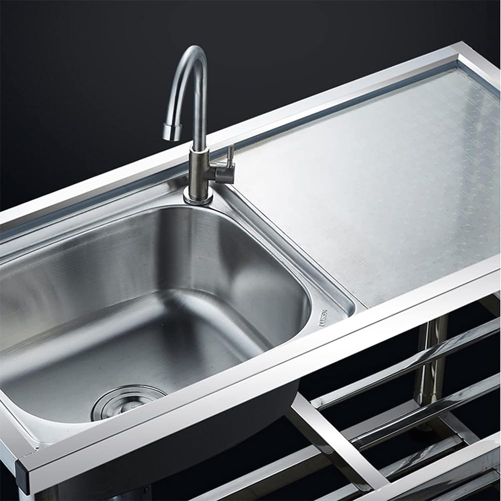Commercial Restaurant Kitchen Bar Sink, With Cutting Board, Single Bowl Kitchen Sinks,Outdoor Free Standing Sink, Utility prep station Sink, Laundry Tub, Free Standing Stainless-Steel (B)