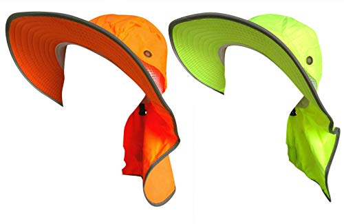 Men High Visibility Sun Hat with Neck Flap Wide Brim Boonie Hat Bucket Cap Packable Adjustable (2PCS (Orange+Lime))