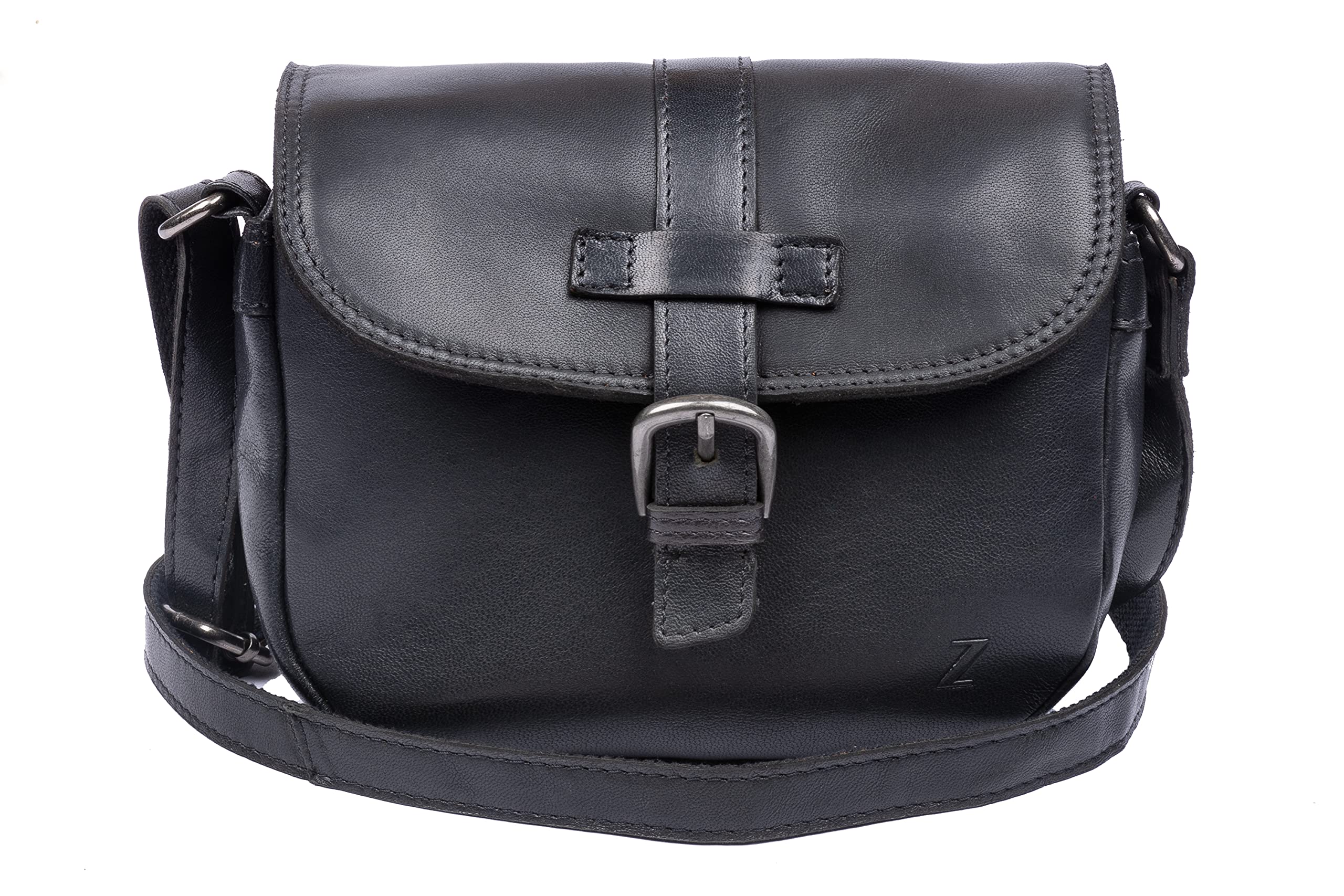 Zinda Genuine Leathers Saddlebag Flap Over Women's Handbag Crossbody Shoulder Sling Multiple Pockets (Black)
