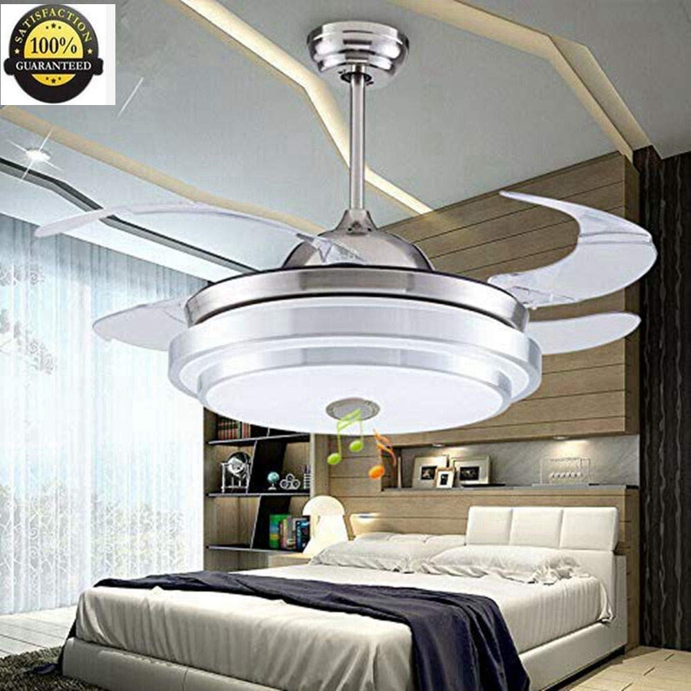 Carmyra 42 Inch Modern Retractable Ceiling Fans with Light Smart Bluetooth Music Player Chandelier 7 Colors Invisible Blades with Remote Control