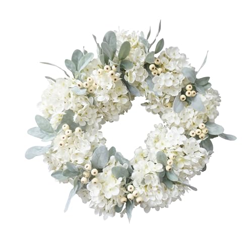 Hometrance 18-20 Inch Cream Hydrangea Front Door Wreath, Summer Fall Wreath with Ivy, Eucalyptus & Hydrangea Leaves, Farmhouse Wreath All Seasons Year Round, Flower Wreath for Wedding Home Decoration
