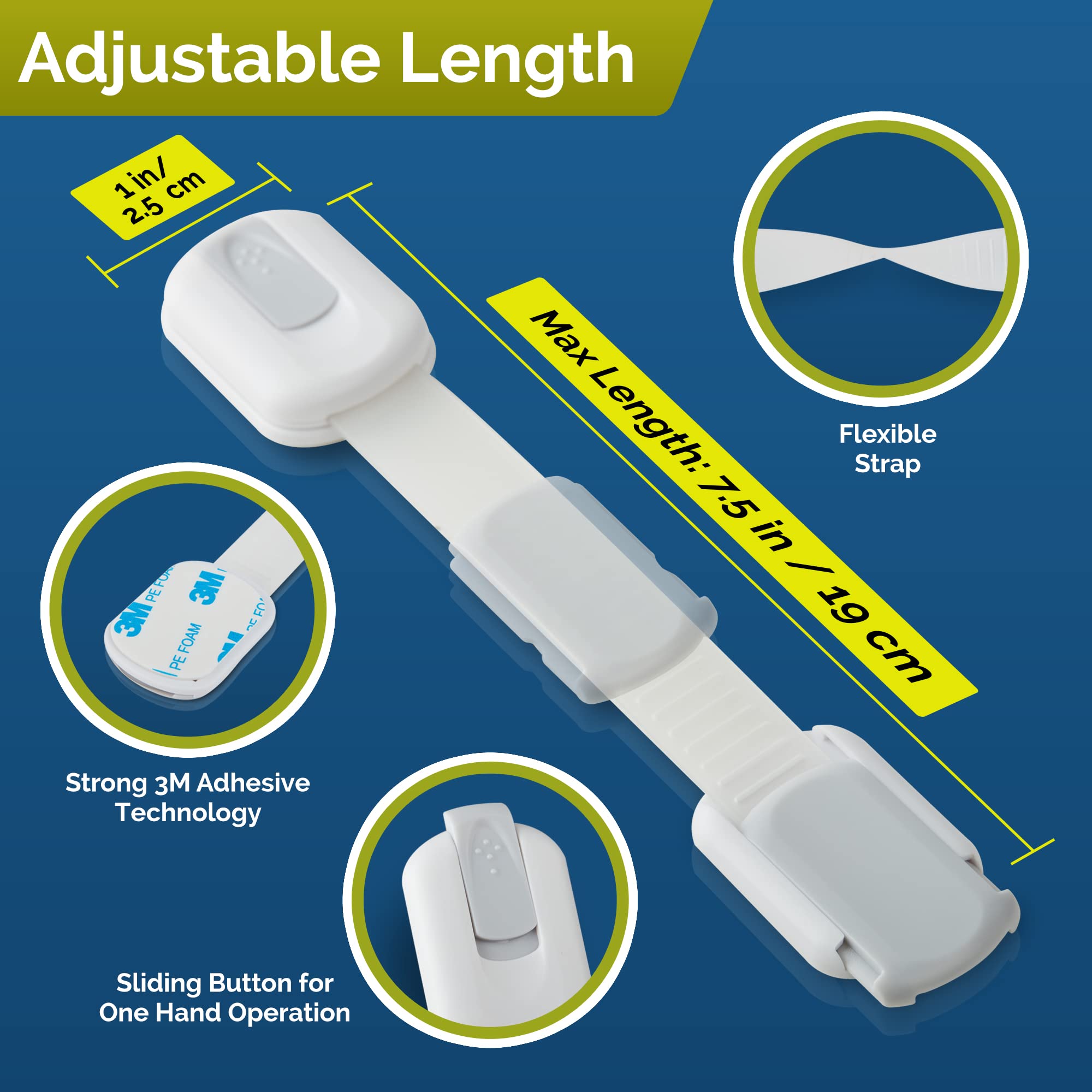 Child Safety Strap Locks (4-Pack) Baby Locks for Cabinets and Drawers, Toilet, Fridge & More. 3M Adhesive Pads. Easy Installation. (White)