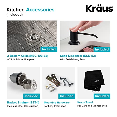KRAUS 33-inch 16 Gauge Double Bowl 60/40 Standart PRO Kitchen Sink Combo Set with Matte Black Bolden 18-inch Kitchen Faucet and Soap Dispenser, KHU103-33-1610-53MB
