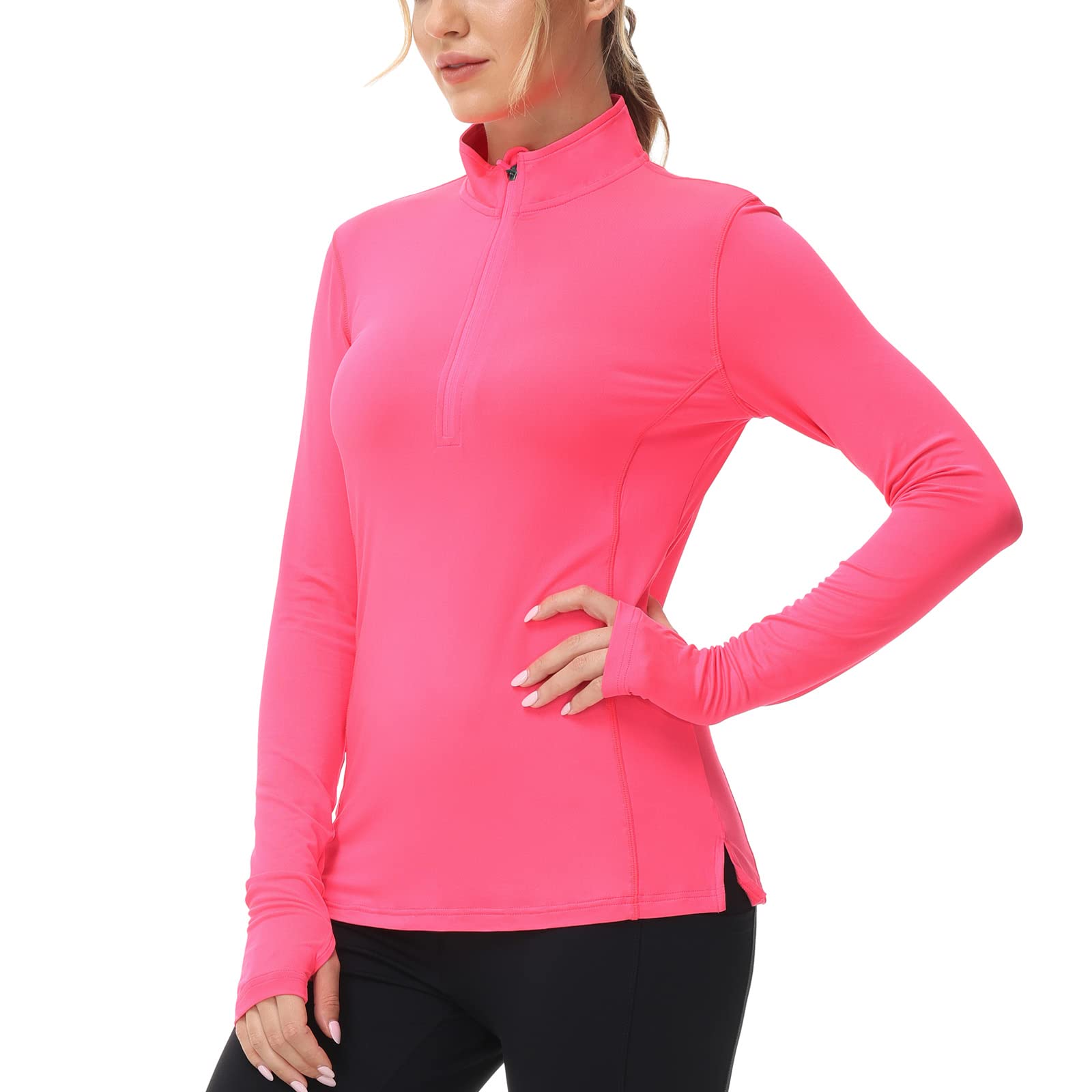 Corna Womens Long Sleeve Tennis Shirts Half Zip Golf Pullover UPF 50+ Sun Protection SPF Running Workout Shirts with Thumb Holes Rose red XL