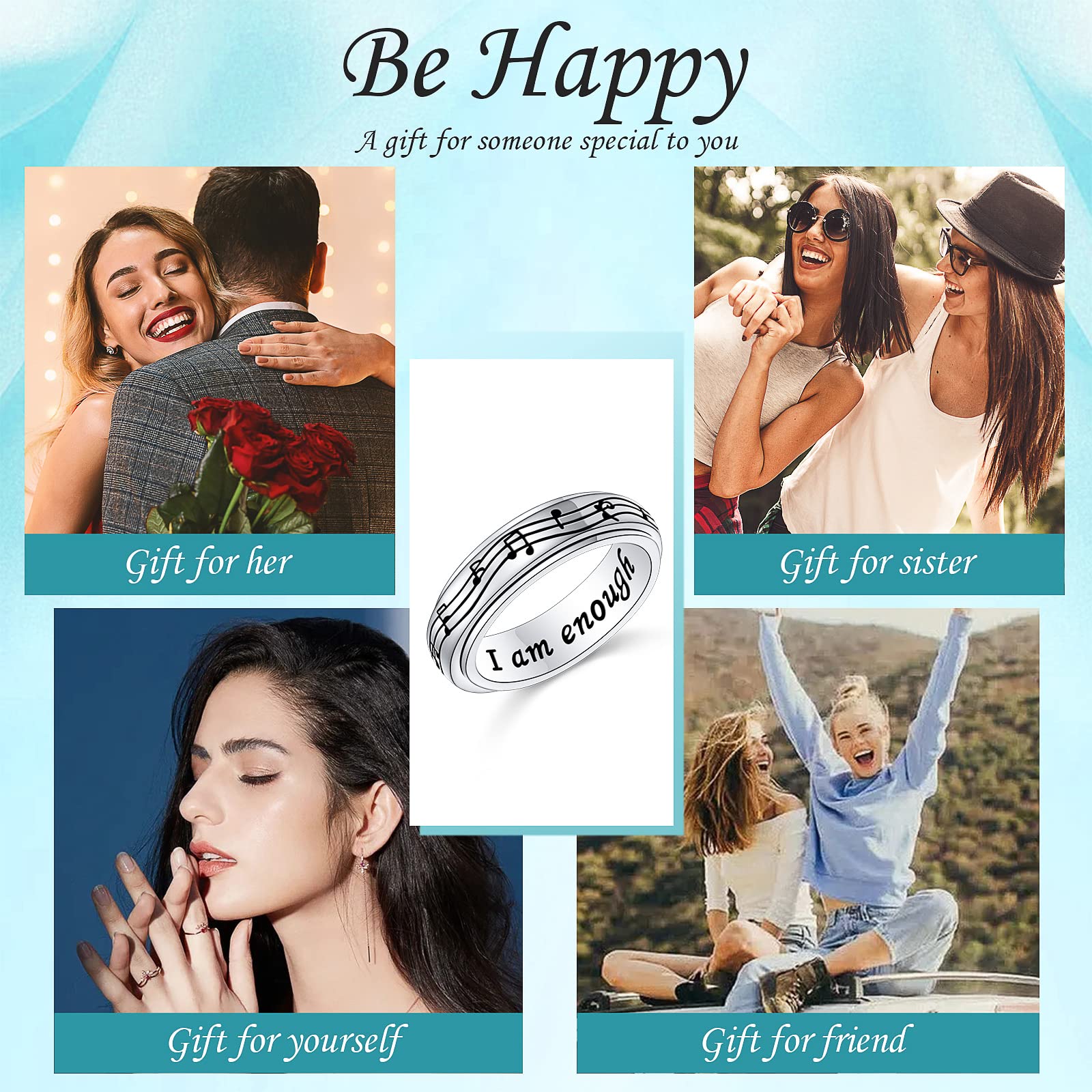DAOSHANG Sterling Silver Fidget Ring Anxiety Ring for Women I am enough Music Note Spinner Ring Music Jewelry Gift for Music Lover
