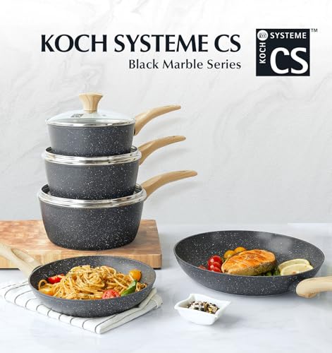 KOCH SYSTEME CS 10 Inch Frying Pans Nonstick, Ultra Non Stick Black Marble Omelet Pan with Ergonomic Bakelite Handle, Aluminum Skillets with Honeycomb Design on Inner Surface