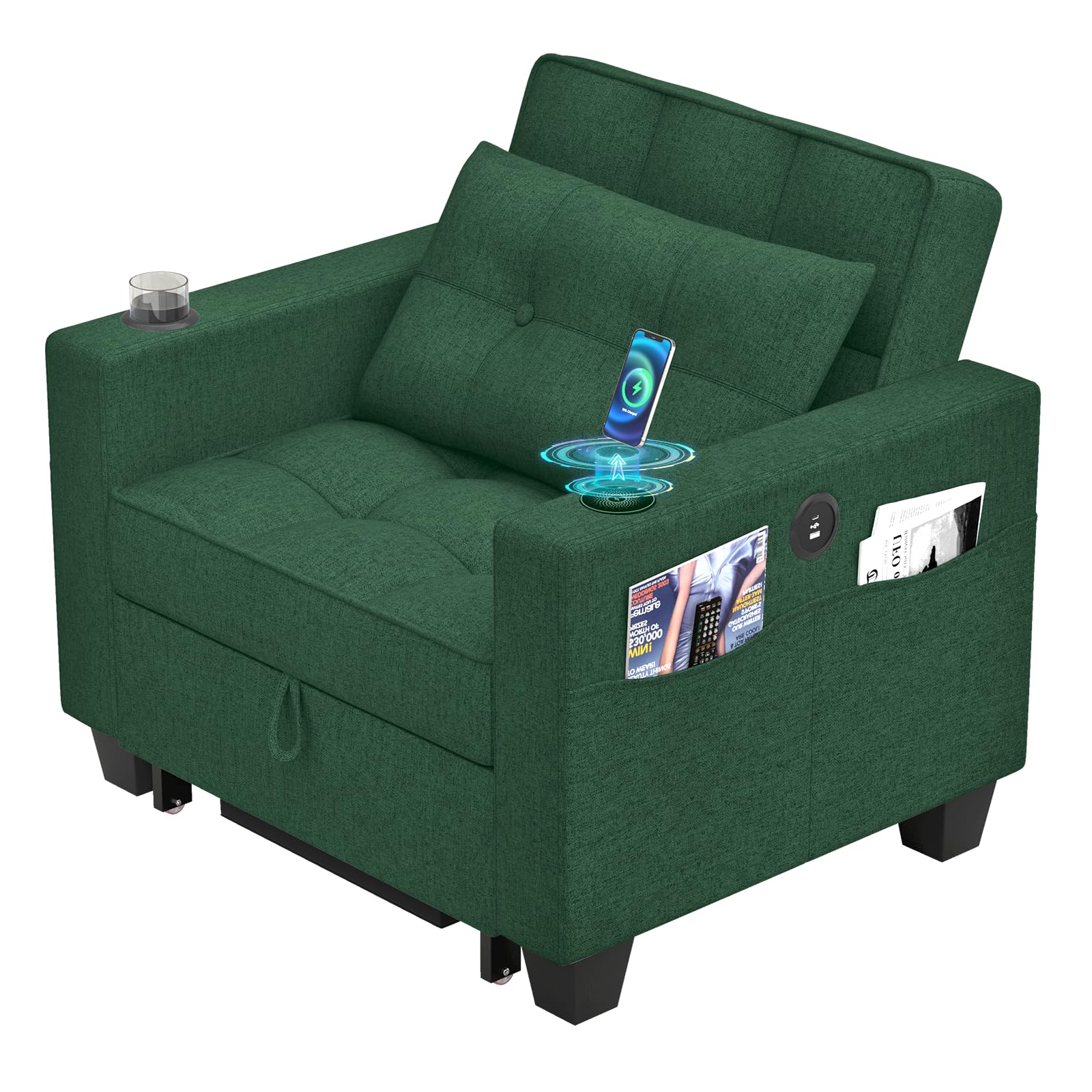 PPorfamilia Futon Sofa Bed, 3-in-1 Convertible Chair Sleeper Bed with Wireless Charging and Type C & USB Port, Adjustable Backrest Sleeper Sofa with Linen Fabric for Living Room Apartment Small Space