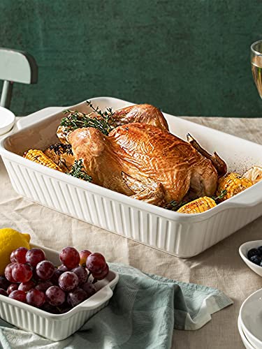DOWAN Casserole Dishes for Oven, Ceramic Baking Dishes for Oven Set of 3, Lasagna Pan Deep, Baking Pan Set Rectangular Casserole Dish Set with Handles for Baking, White (15.6''/12.2''/8.9'')