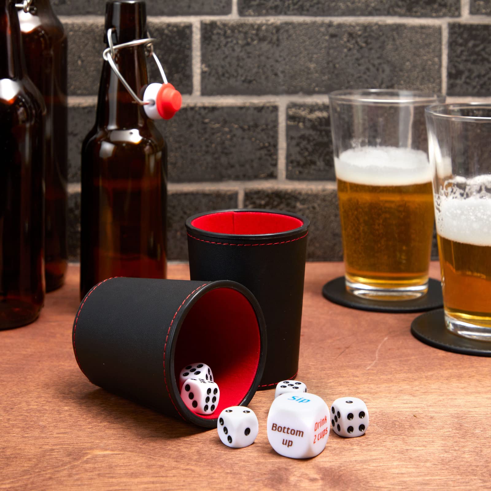 Zodaca Drinking Dice Game Set for Adults with 2 Leather Cups and Fun Dices for Drunk Frenzy Party (16 Pieces)